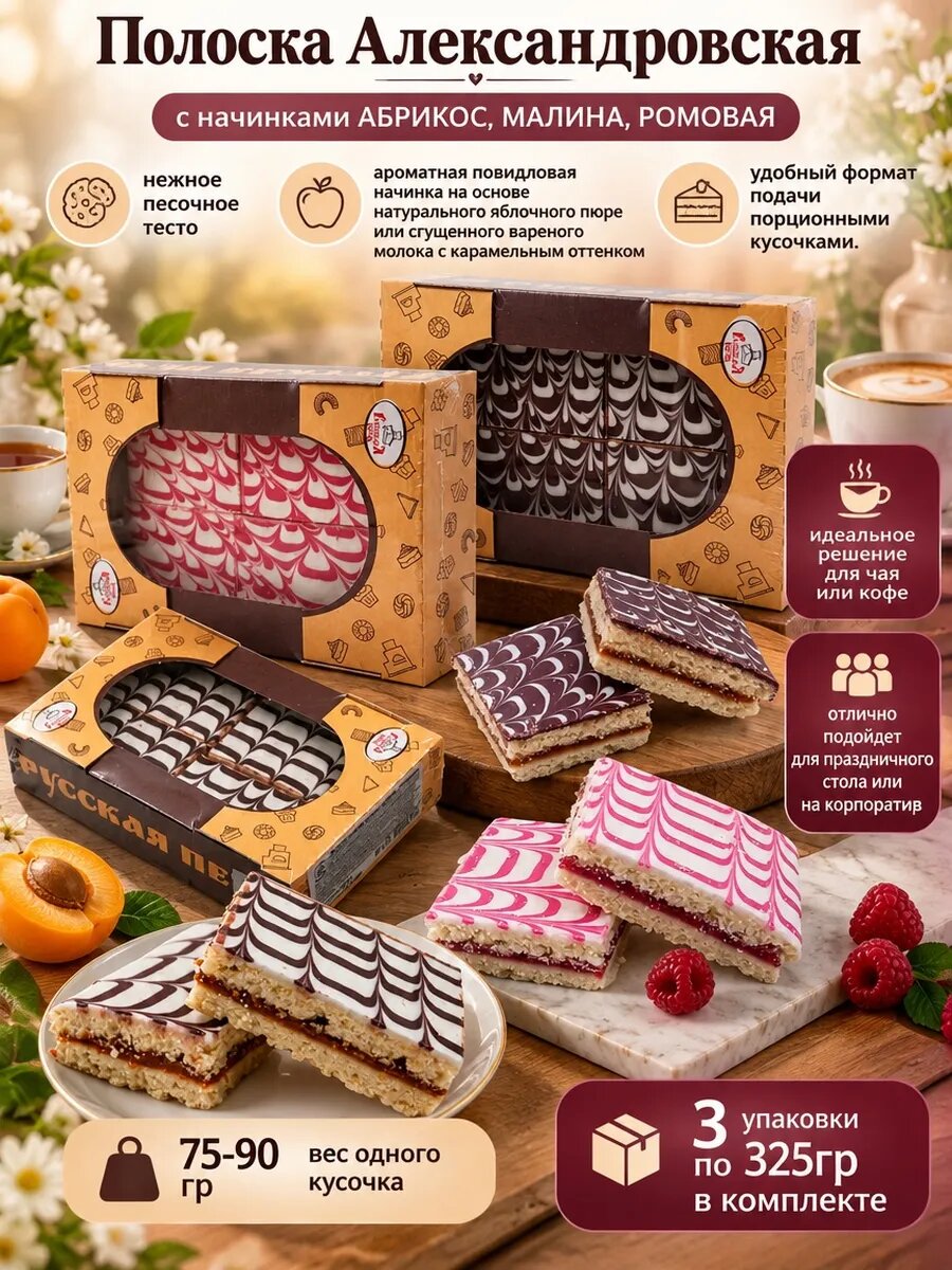 Полоска Александровская абрикос, малина, ромовая,3х325г