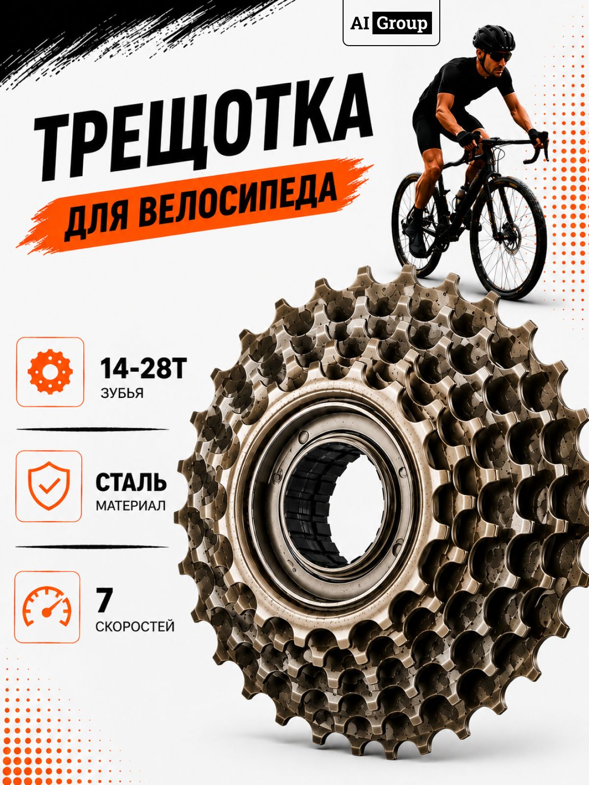 Трещотка для велосипеда резьбовая, 7 скоростей, стальная, индексная, диапазон 14-28 зубьев, на трещоточную втулку, для горного, дорожного, городского и складного велосипеда