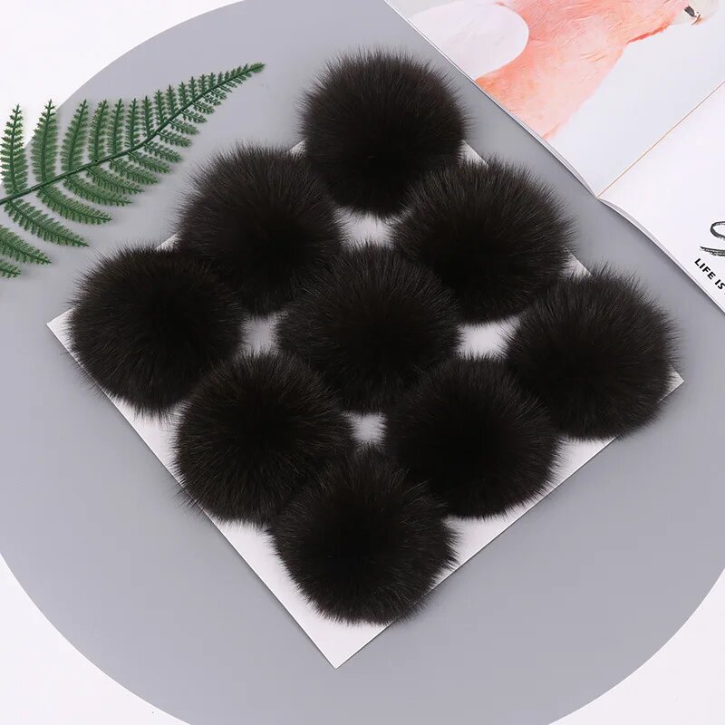 Пушистые помпоны из лисьего меха 9 см Черный, black, 9cm1pc