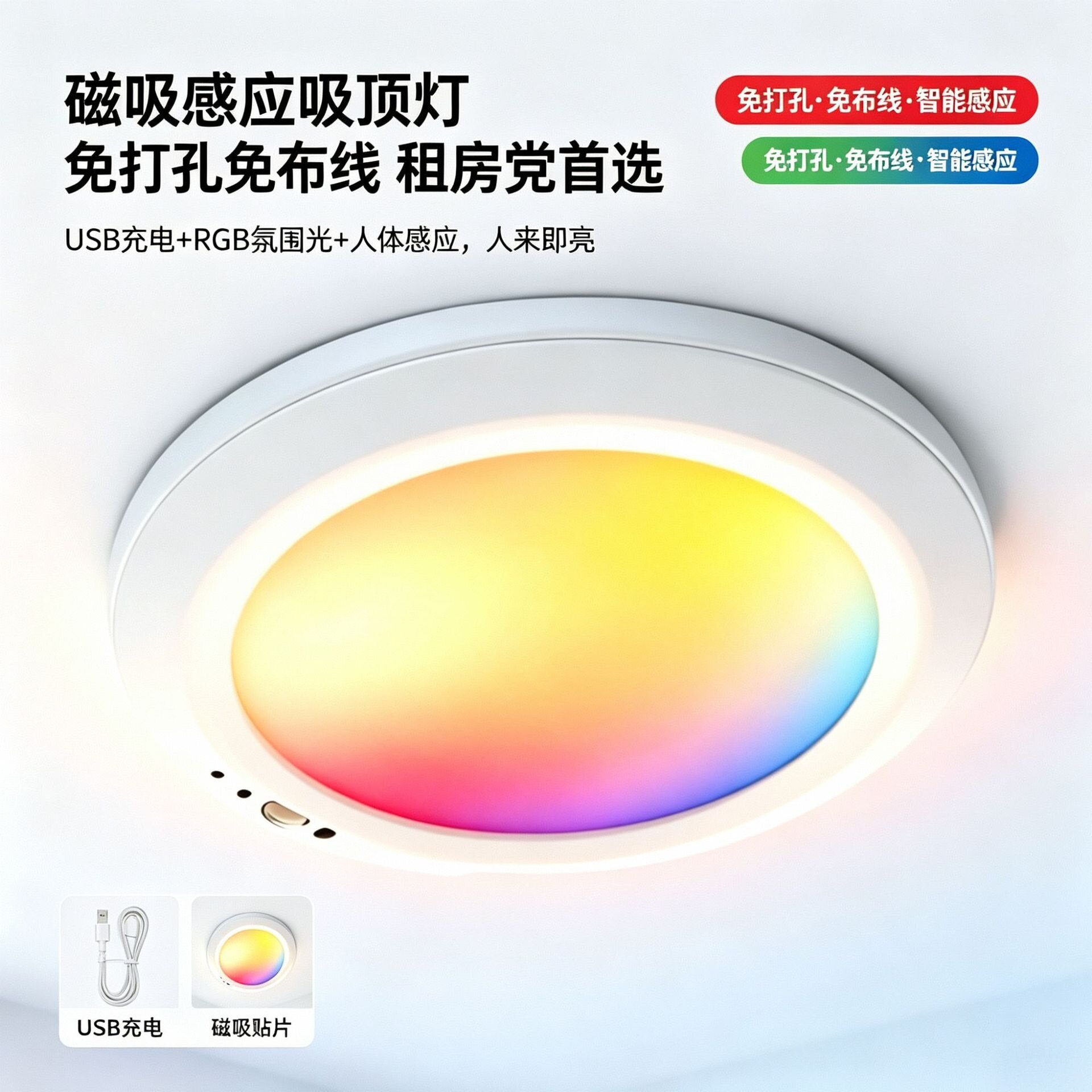 Белый RGB светильник с датчиком движения, 3 режима цвета, магнитное крепление, зарядка 5V, 4000 мАч