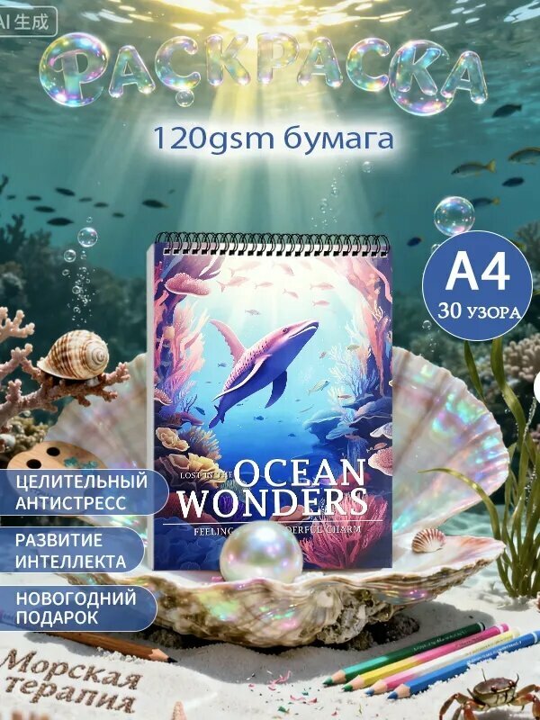 Мир океана раскраска A004-30 страниц бумага формата А4 плотностью 120 г/м