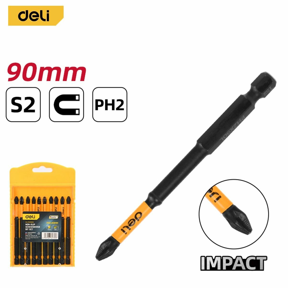 Набор торсионных бит PH2х90мм с противоскользящими насечками 10шт Deli DL251090K (сталь S2, пласт. кейс)