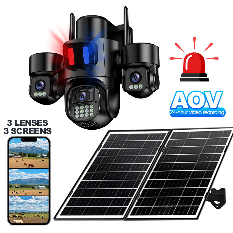 Солнечная камера 3 объектива AOV 6MP PTZ 355° 24 часа видеонаблюдение уличная с двусторонней связью