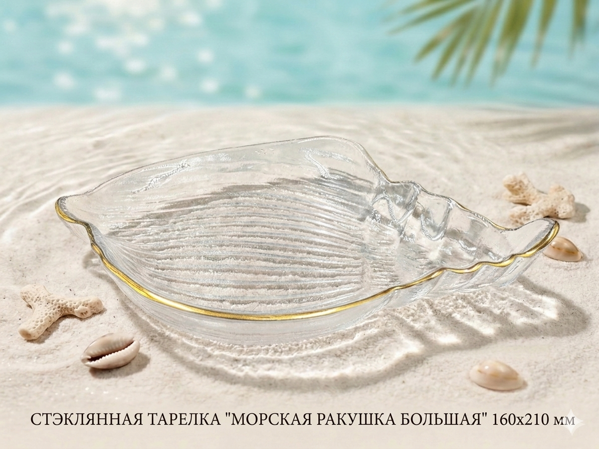 Стеклянная тарелка "Морская ракушка большая", для суши, снеков, салата, 160х210 мм, золотистый ободок, 1 шт