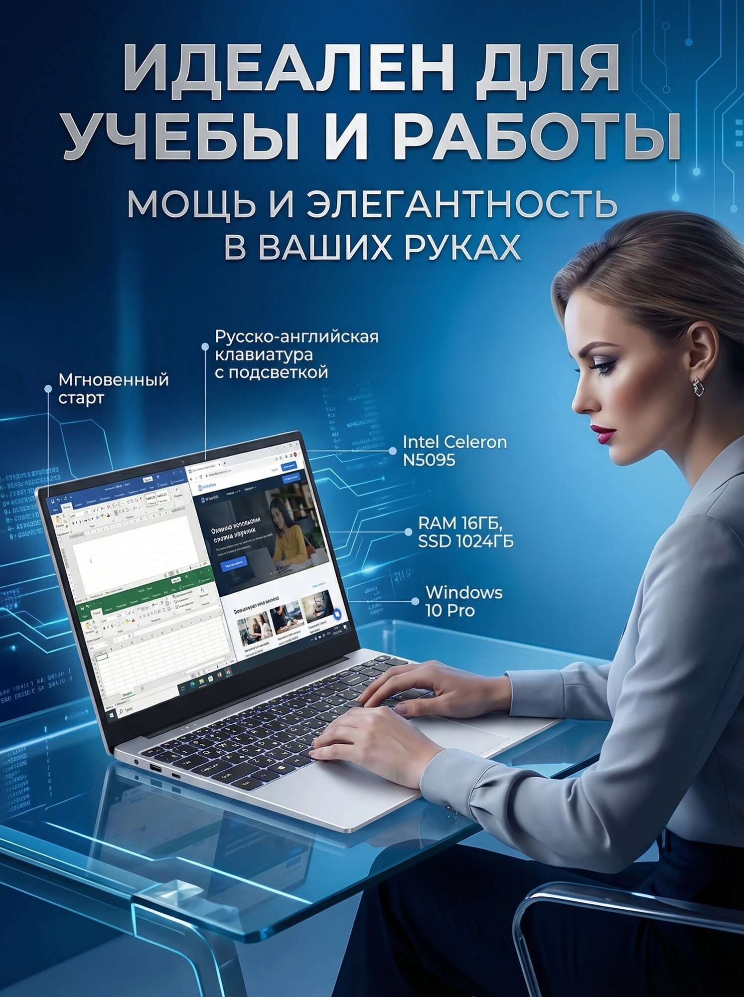 Ноутбук для работы и учебы, Intel N95, 15,6", 16ГБ ОЗУ, 1ТБ SSD, Intel HD Graphics, серый металлик, Русская раскладка