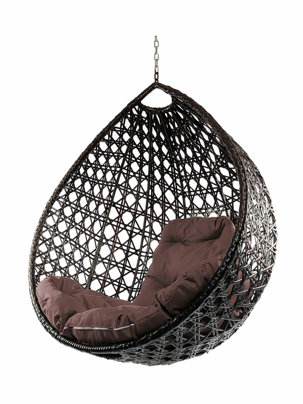 Подвесное кресло капля люкс (без стойки), с ротангом коричневое, коричневая подушка