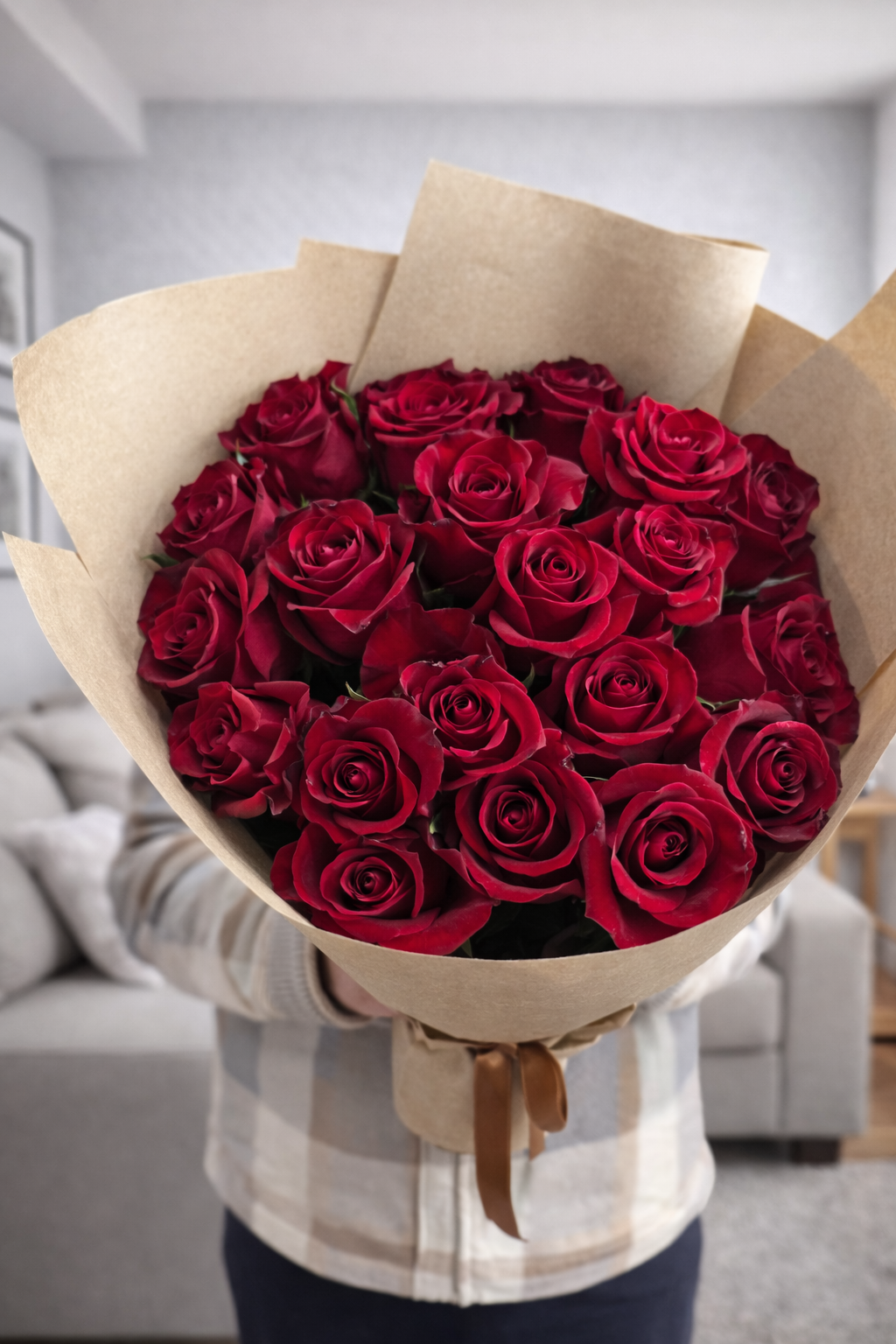 Букет из 21 Алой Розы (50 см) — Элегантный Букет Свежих Красных Роз в Крафтовой Упаковке