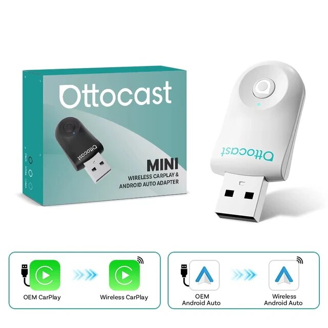 Беспроводной автомобильный адаптер Ottocast 2-в-1 CarPlay для Android: подключение по принципу Plug and play, быстрое соединение, мини-USB-адаптер, совместим с автомобилями Mercedes-Benz, Audi, Toyota и другими моделями.