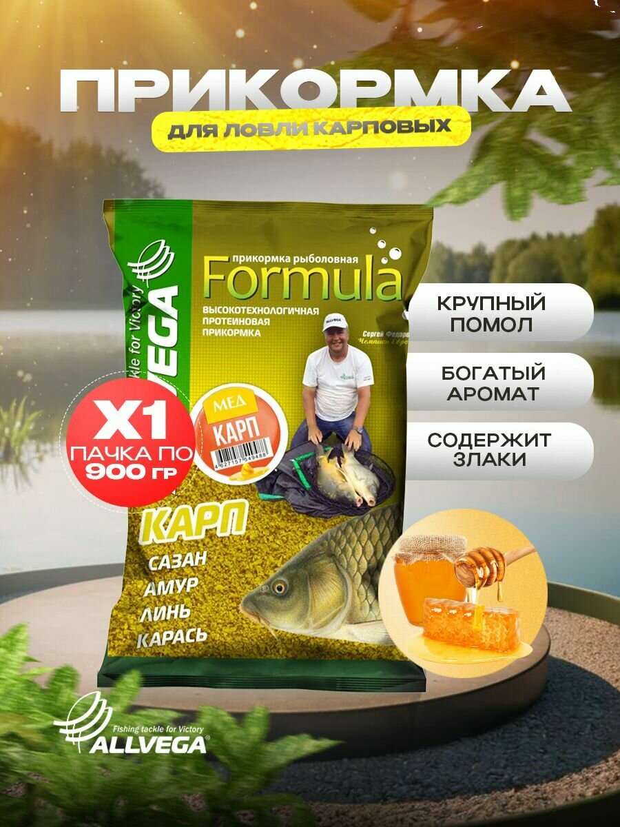 Прикормка для рыбалки ALLVEGA Formula Карп мед 1 пачка 0.9кг