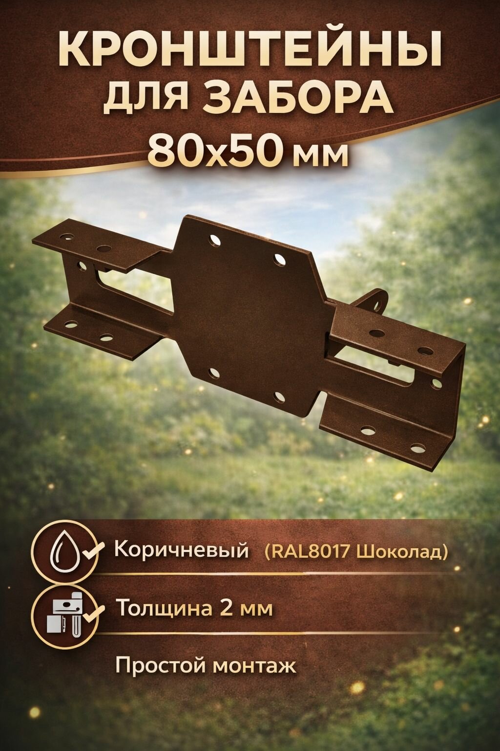 Кронштейн Х-образный соединительный для забора 80х50, 10шт, наружный, коричневый