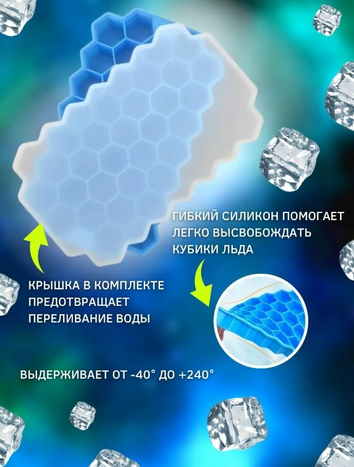 Форма для льда "Соты", силикон, 37 ячеек, голубая, для посудомойки — фото 1