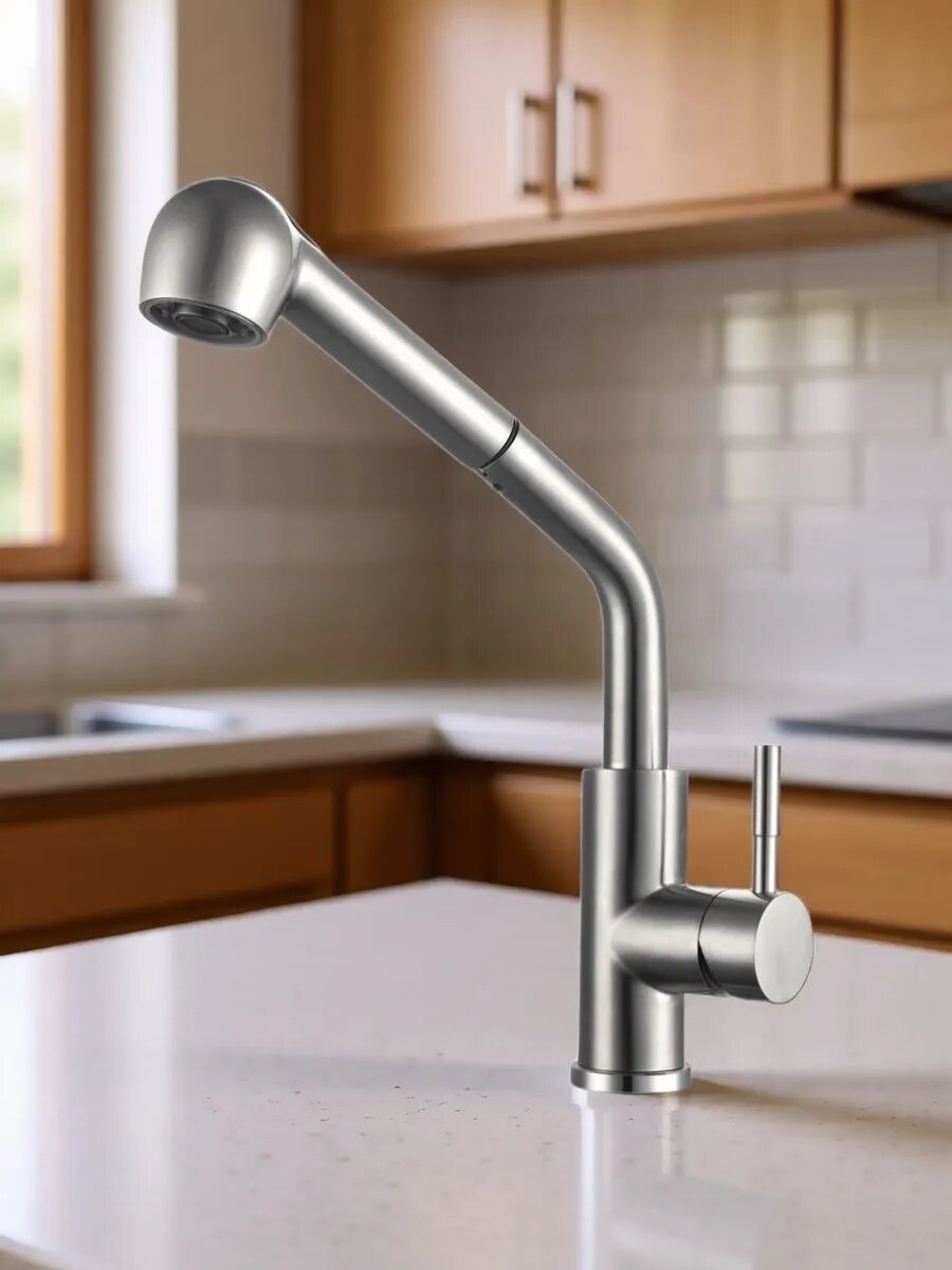 Смеситель для кухни из нержавеющей стали с лейкой V15027 цвет сатин от бренда Vieir