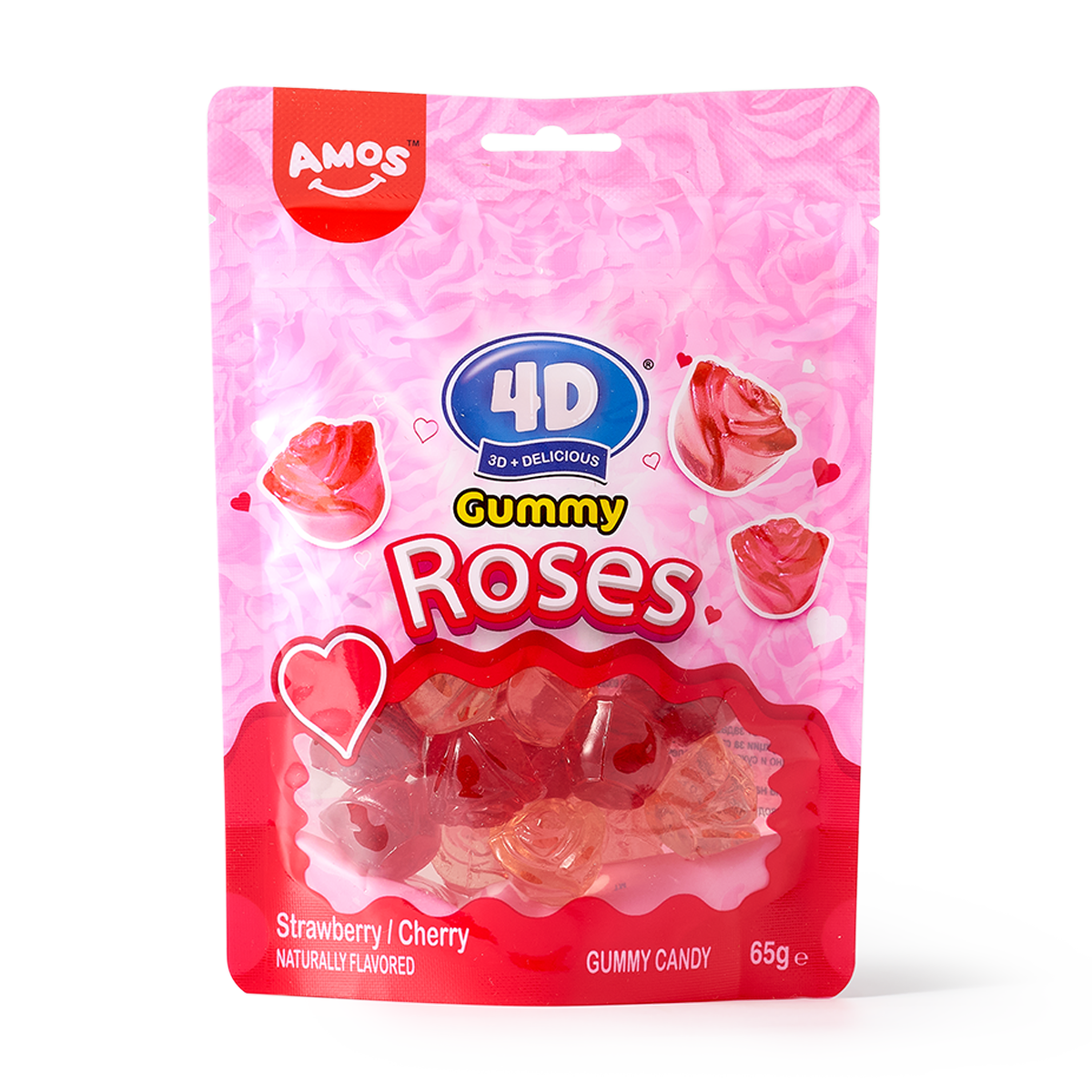 Конфеты "Amos" 4D Gummy Roses Клубника-Вишня, желейные, дой-пак, 65 г