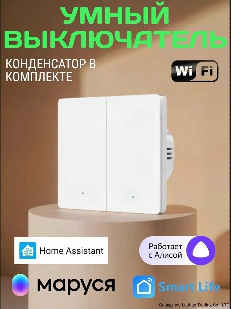 Умный выключатель WiFi с Алисой двухклавишный, Smart Life, поддержка Home Assistant