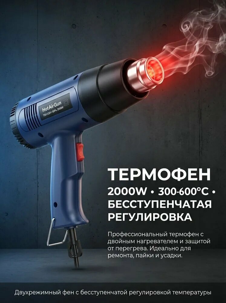 Строительный фен для волос с регулировкой температуры и воздушного потока, мощностью 2000 Вт.