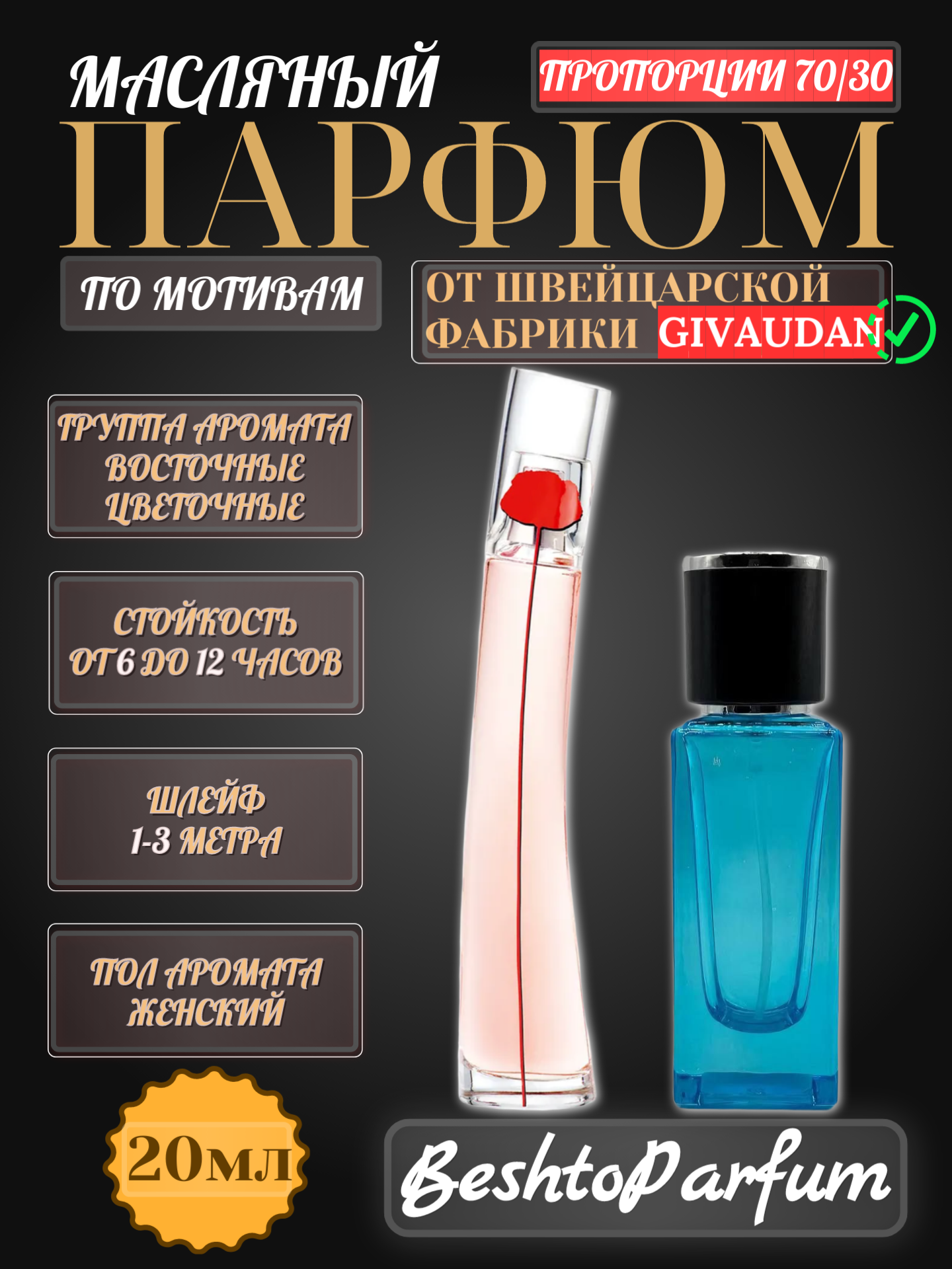 Масляные духи по мотивам Kenzo Flower — стойкий цветочный пудровый аромат / 20мл