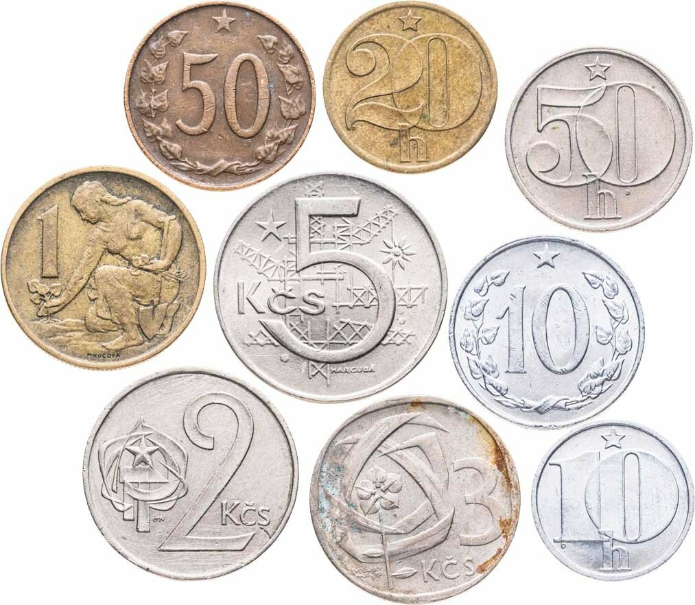 Чехословакия набор монет 1961-1990 9 штук, Алюминий, Латунь, Бронза, Мельхиор, в сохранности VF-XF