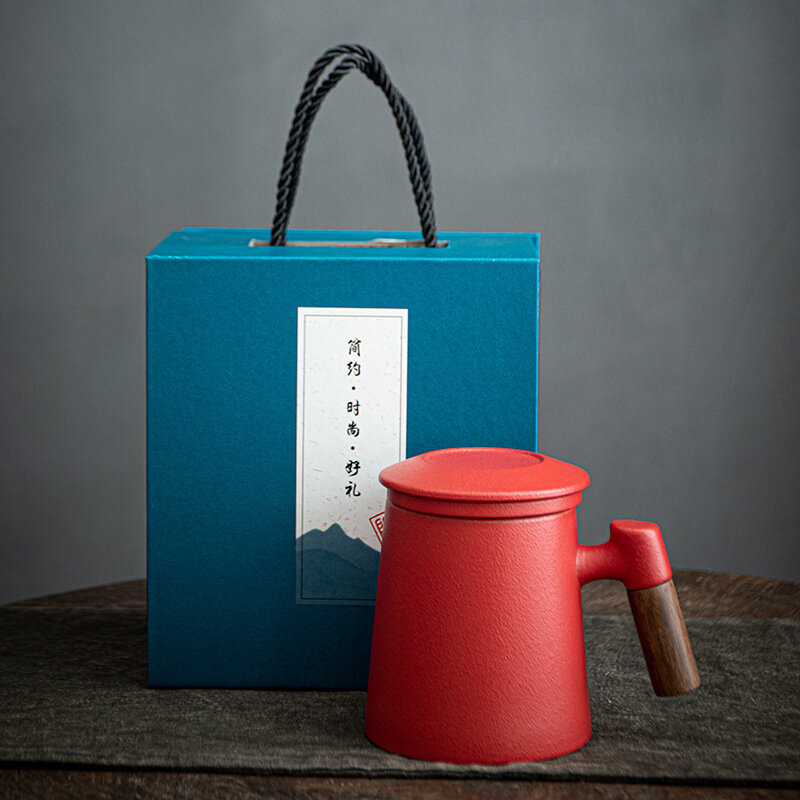 Керамическая кружка-фильтр в китайском стиле с крышкой, с функцией разделения чая и воды, офисная чашка для чая, корпоративный подарок на открытие компании и ежегодное собрание.