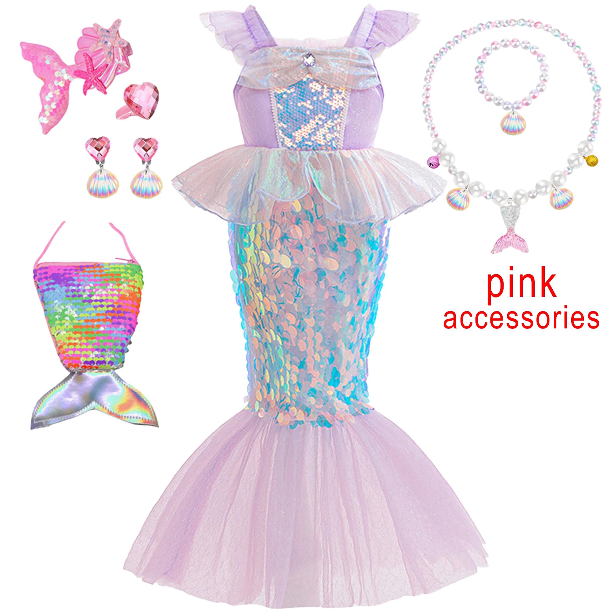 Платье Русалка Ариэль для девочки PLBBFZ 7Y (130cm), Розовый, purple 8PCS1