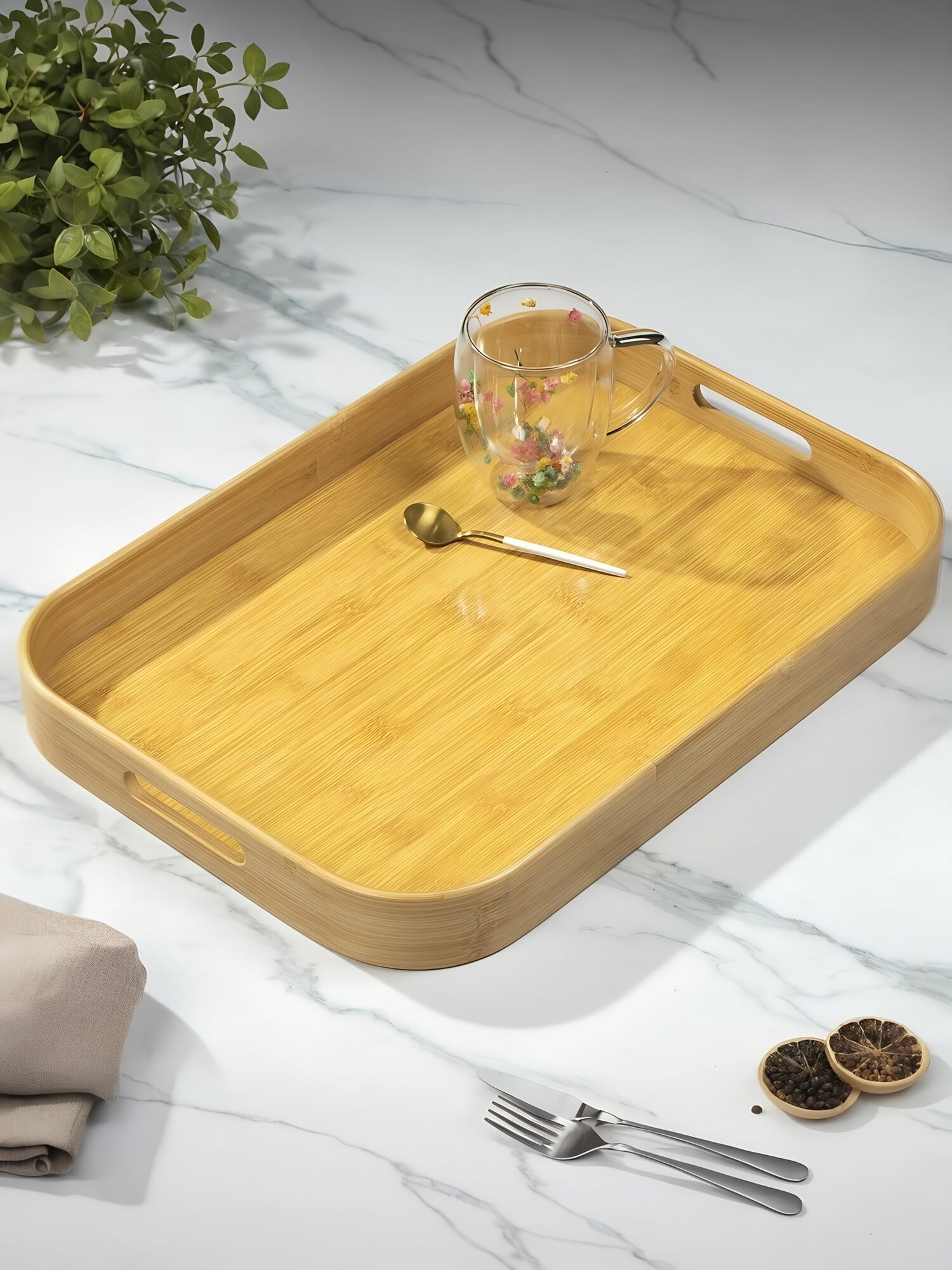 Поднос бамбуковый с ручками Y4-8889, 46х33 см, прямоугольный, универсальный