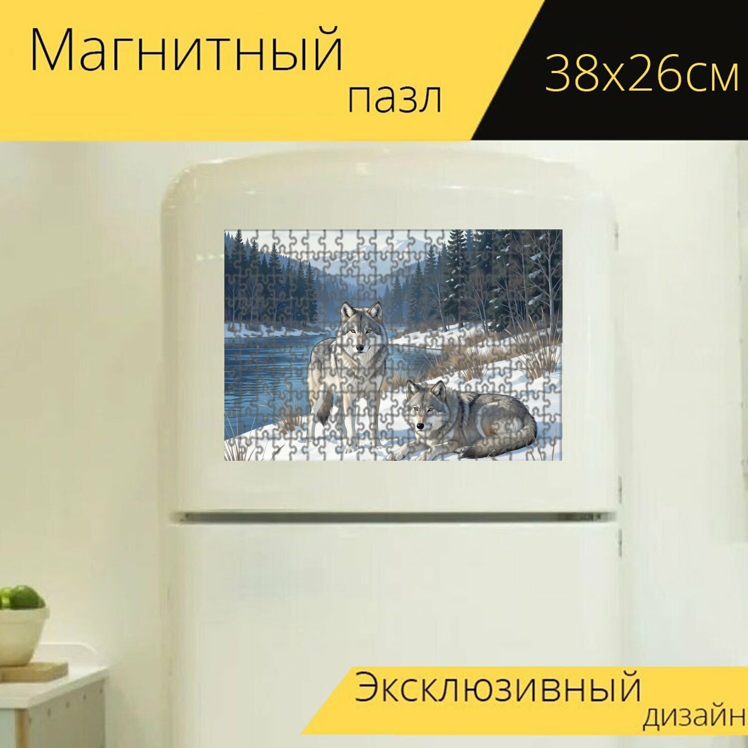 Магнитный пазл "Волки у зимней реки. Реалистичная северная сцена: два серых хищника на заснеженном берегу, рядом спокойная вода, хвойный лес и далекие горы." для интерьера, 38х26 см.