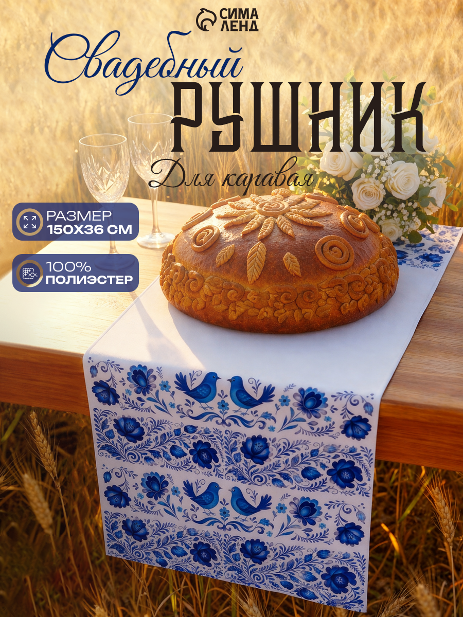Рушник Сима-ленд «Гжель и орнамент», свадебный, размер 150×36 см, белый/синий