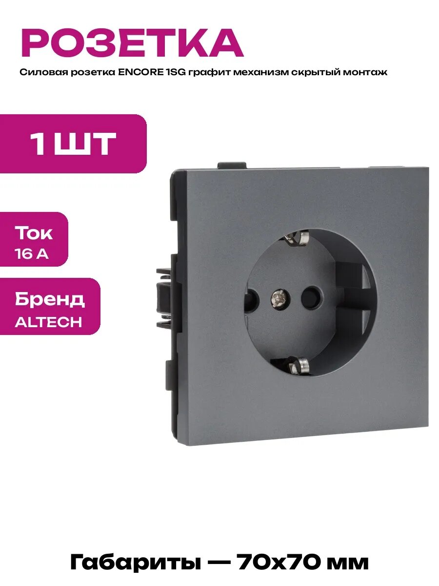 Розетка скрытая ENCORE 1SG графит заземление шторки 16 ампер