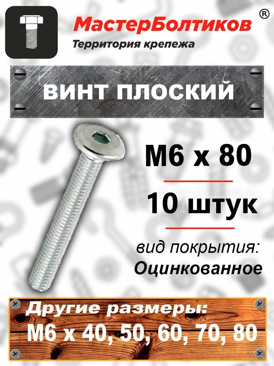 Винт плоский с внутренним шестигранником оцинкованный М6х80 (10 шт)