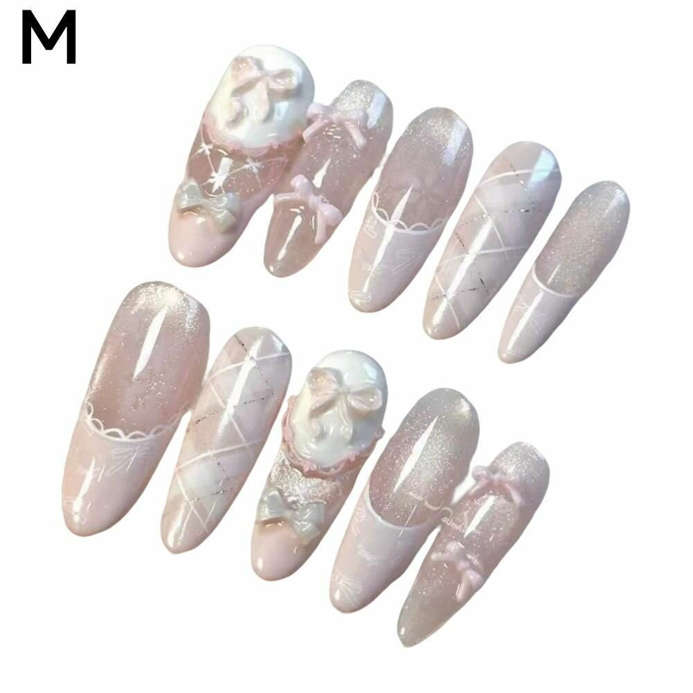 Миндальные типсы для ногтей, французский маникюр с кошачьим глазом, розовые бантики, прозрачная поверхность, 10 шт