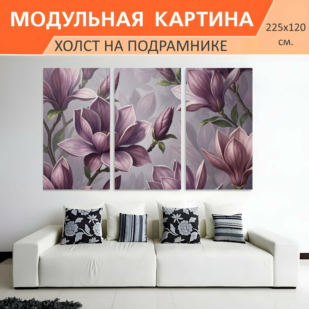 Модульная картина на холсте "Лиловые магнолии на ветках. Нежные цветущие магнолии в сиренево-розовой гамме, акварельная ботаническая." триптих на подрамнике 225х120 см. для интерьера