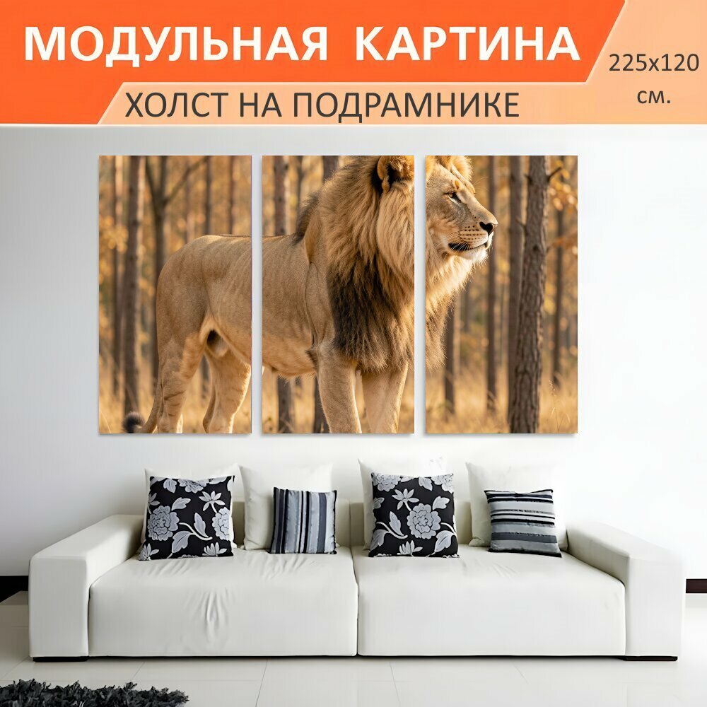 Модульная картина на холсте "Лев в осеннем лесу. Величественный африканский хищник на каменной площадке среди стройных деревьев." триптих на подрамнике 225х120 см. для интерьера