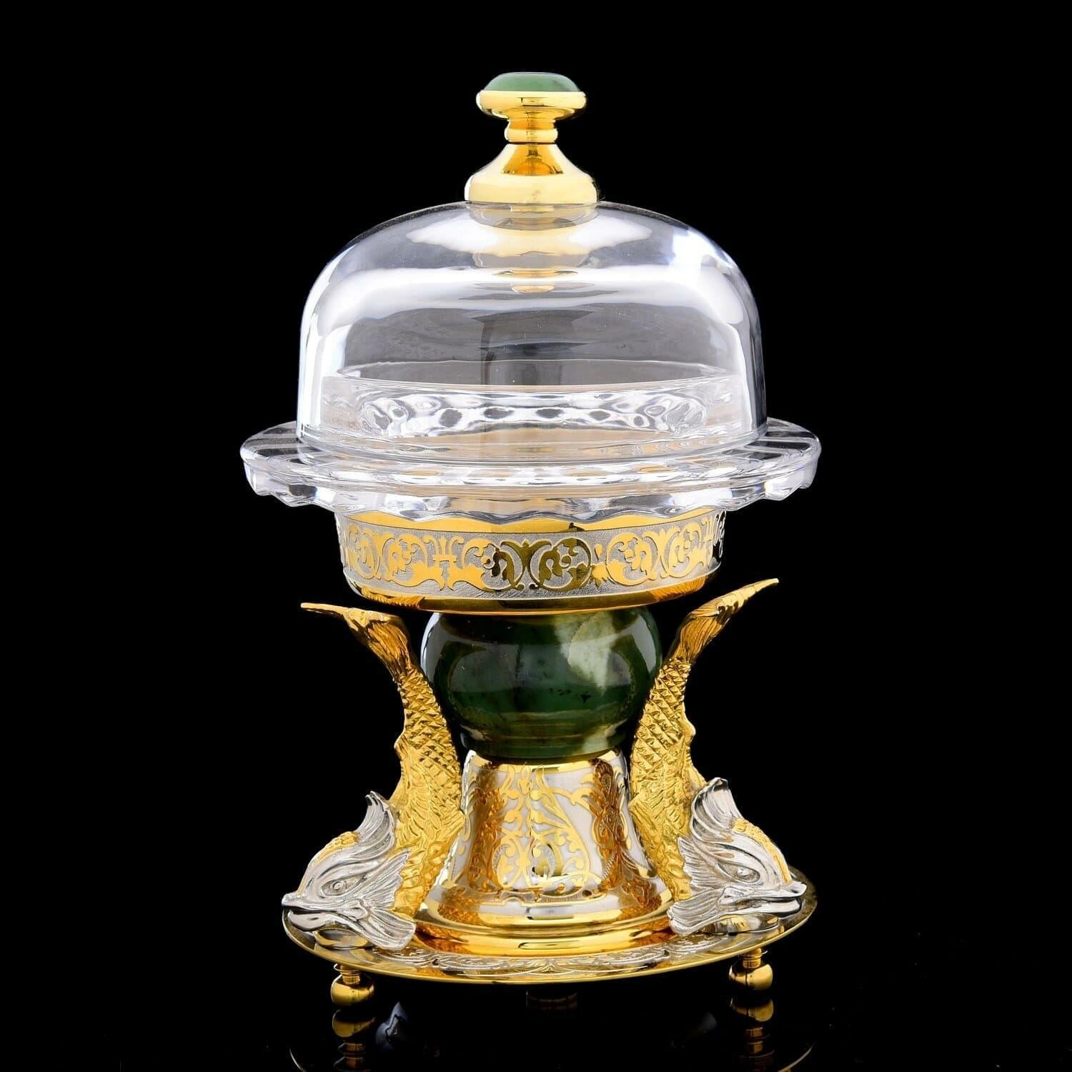 0015106/Ф Златоуст икорница "Три рыбки " Нефрит, Золото, Никель в П/У (46)