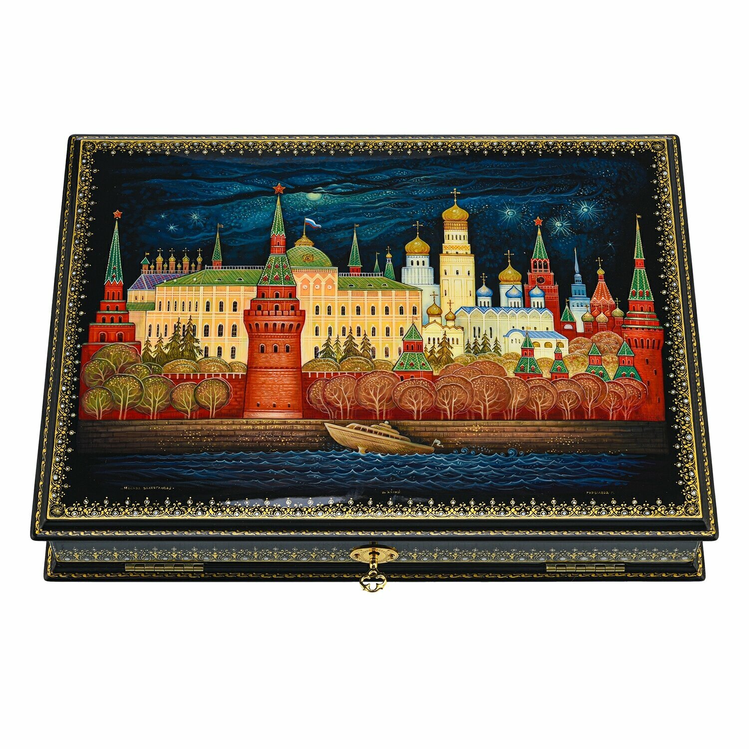101449 34*25смРусская лаковая миниатюра Шкатулка для Документов"москва. Кремлевская набережная Вечер"