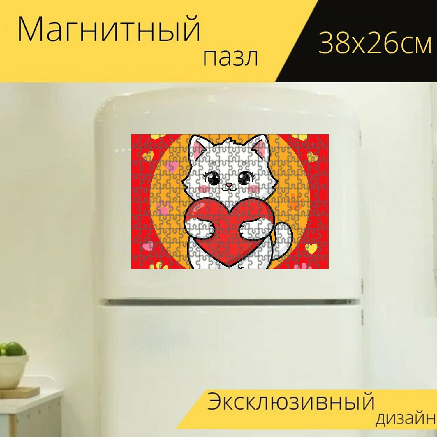 Магнитный пазл "Милый кот с сердцем. Очаровательный белый котёнок в мультяшном стиле держит яркое красное сердечко на фоне жёлтого круга и красного фона." для интерьера, 38х26 см.