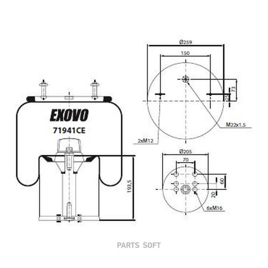 EXOVO 71941CE пневмоподушка с метал. стаканом! верх:2шп. M12, 1отв. M22\ BPW