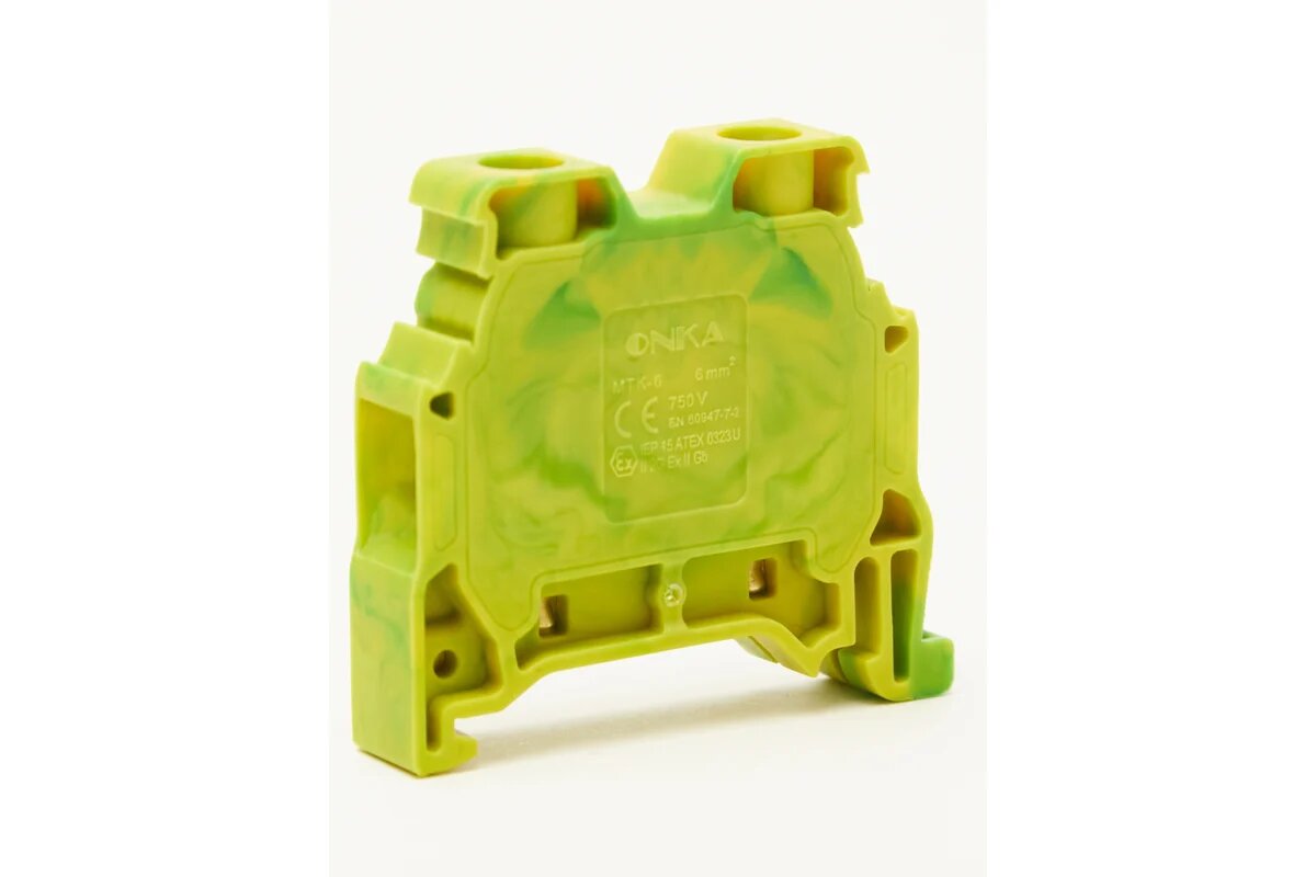 Винтовая клемма Onka MTK 6, 6 кв мм, желто-зеленый, для заземления на DIN-рейку, с боковой заглушкой