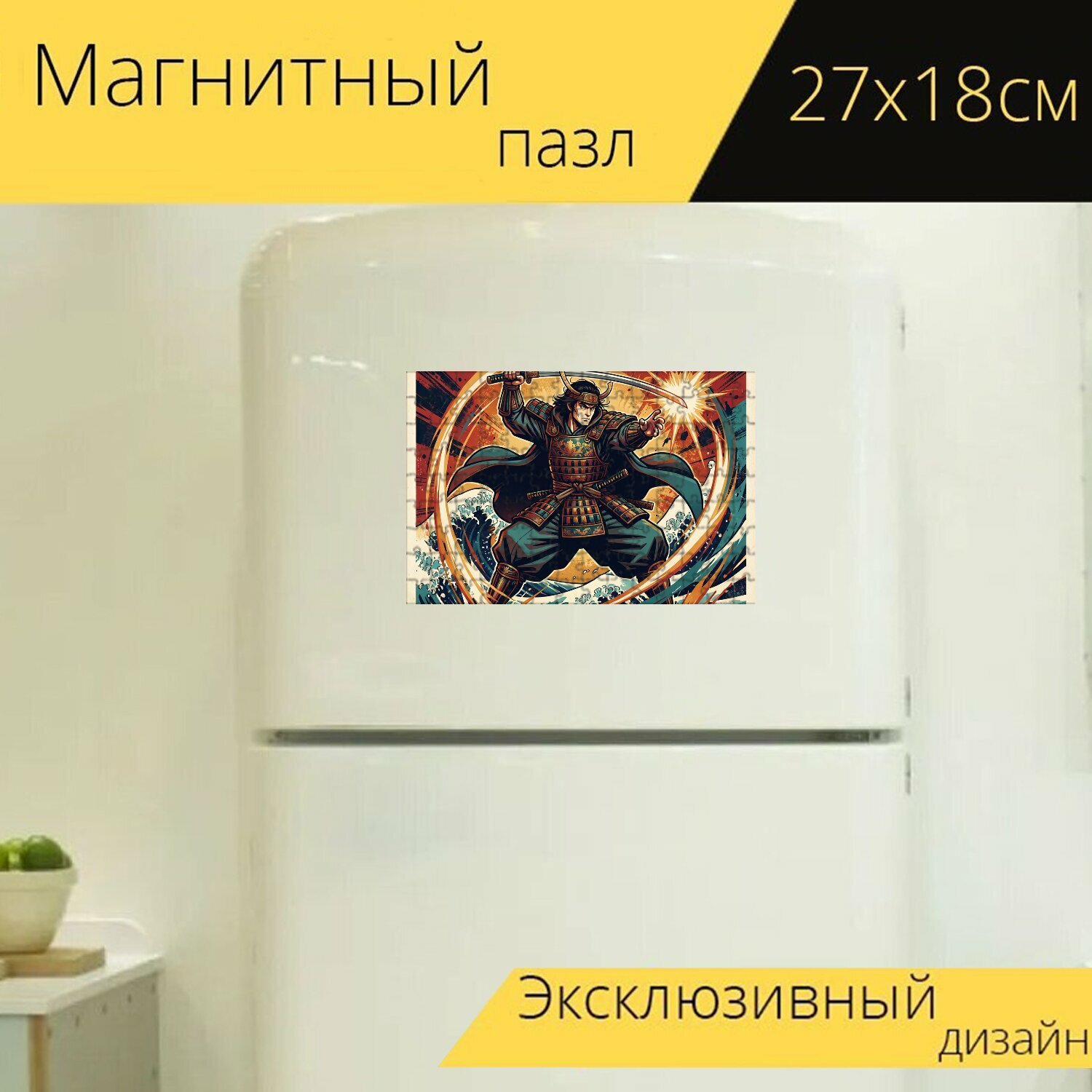 Магнитный пазл "Самурай в динамичном бою. Японский воин в броне с мечом в стремительной атаке, вокруг яркие огненные дуги и морские волны. Комикс-арт." на холодильник 27 x 18 см.