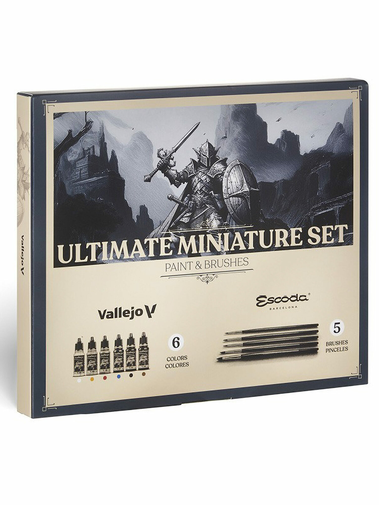 Набор акриловых красок Vallejo Escoda - Ultimate Miniature Set: Paint and Brushes 72206, 6 шт по 18 мл, 5 кисточек