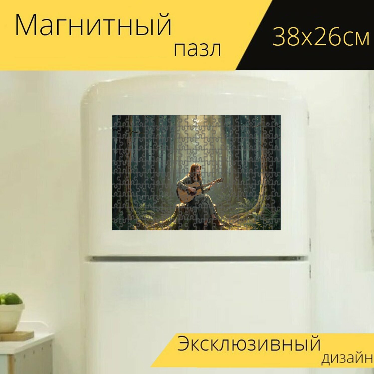 Магнитный пазл "Девушка с гитарой в лесу. Уединённая сцена в хвойной чаще: юная музыкантша сидит на пне и играет на акустическом инструменте. Мягкие." для интерьера, 38х26 см.