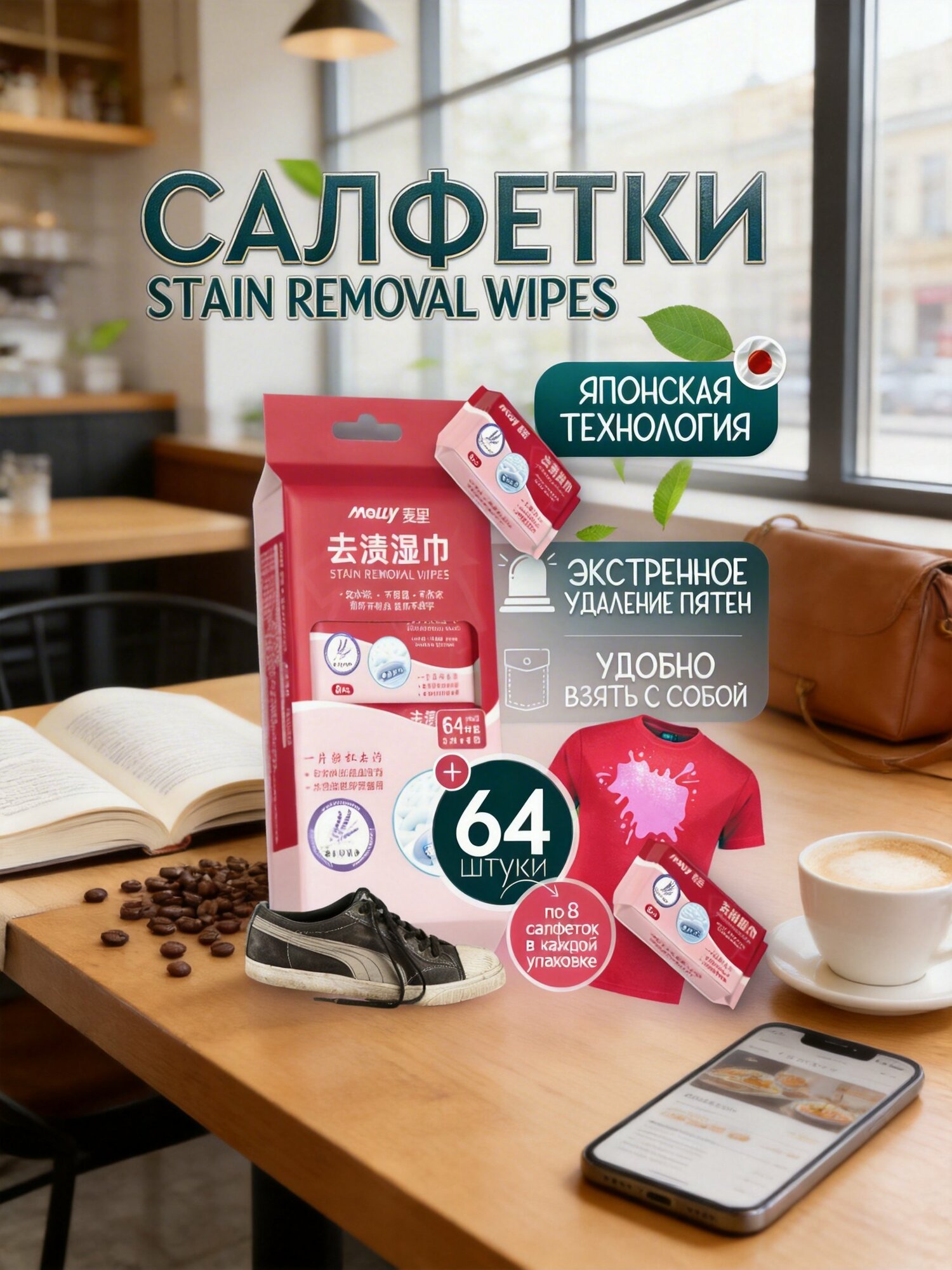 Влажные пятновыводящие салфетки для одежды и обуви, мини саше универсальные очистители для ткани и аксессуаров, 64 штуки