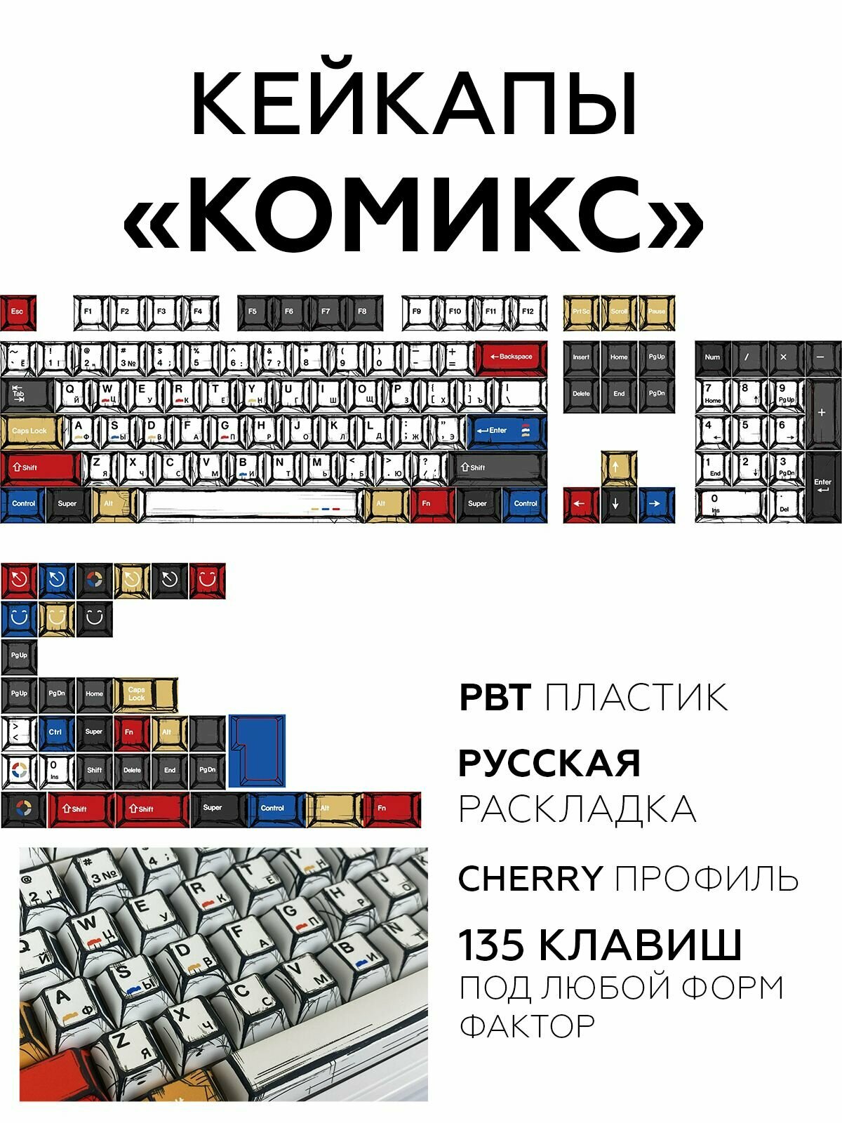 Кейкапы для механической клавиатуры pbt комикс с русской раскладкой кириллица