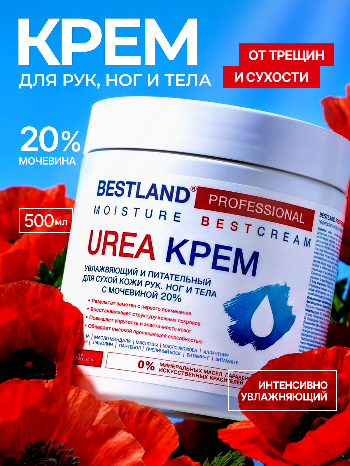 Крем для ног, рук и тела Bestland, увлажнение и питание для сухой кожи с мочевиной 20%, 500мл