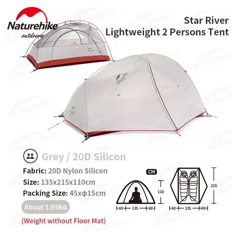 Палатка Naturehike Star River для 2 человек 20D ультralегкая водонепроницаемая двустенная для 3 сезонов для отдыха, походов, рыбалки -20D-Серый