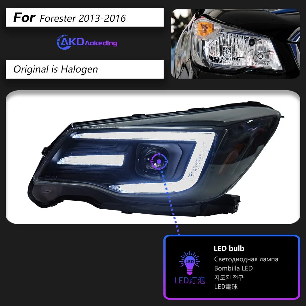 Фара AKD для Subaru Forester LED Фара 2013-2018 Фары Forester Дневной ходовой огонь Сигнал поворота Дальний свет Ангельское око Projector