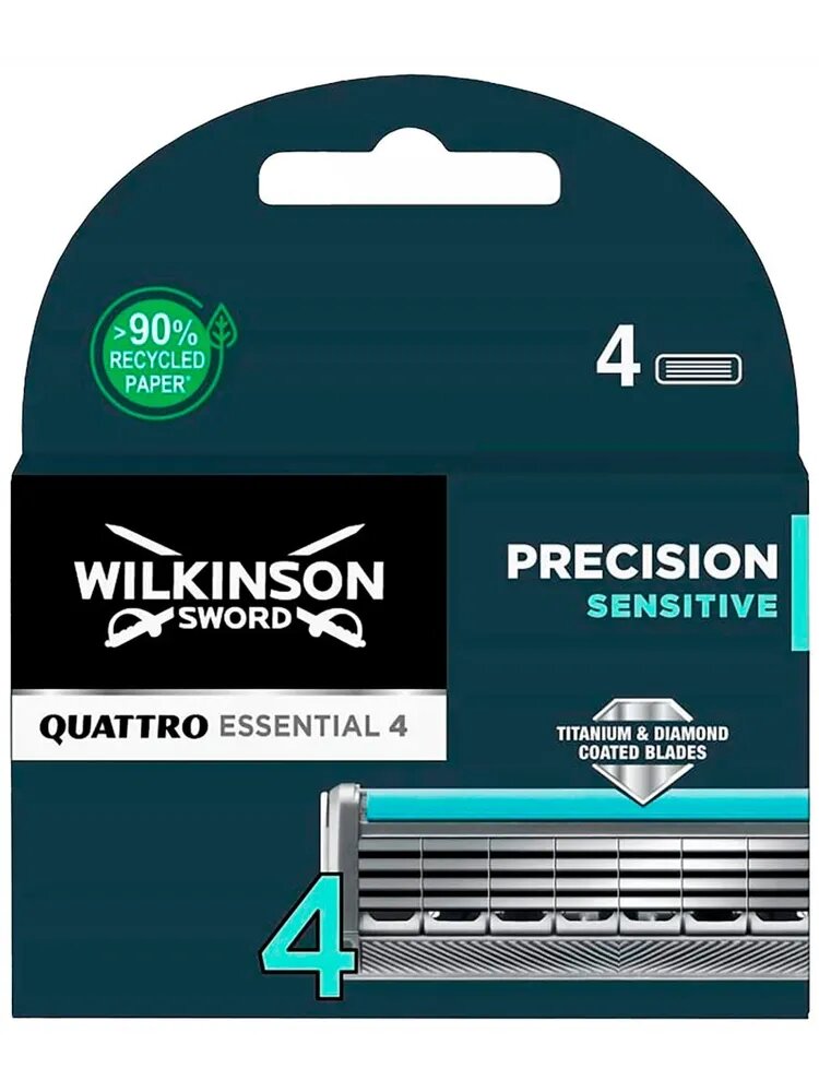 Wilkinson Sword Сменные кассеты Schick QUATTRO Titanium Essential Sensitive (4 шт.), 4 лезвия лезвие-триммер, увл. полоска