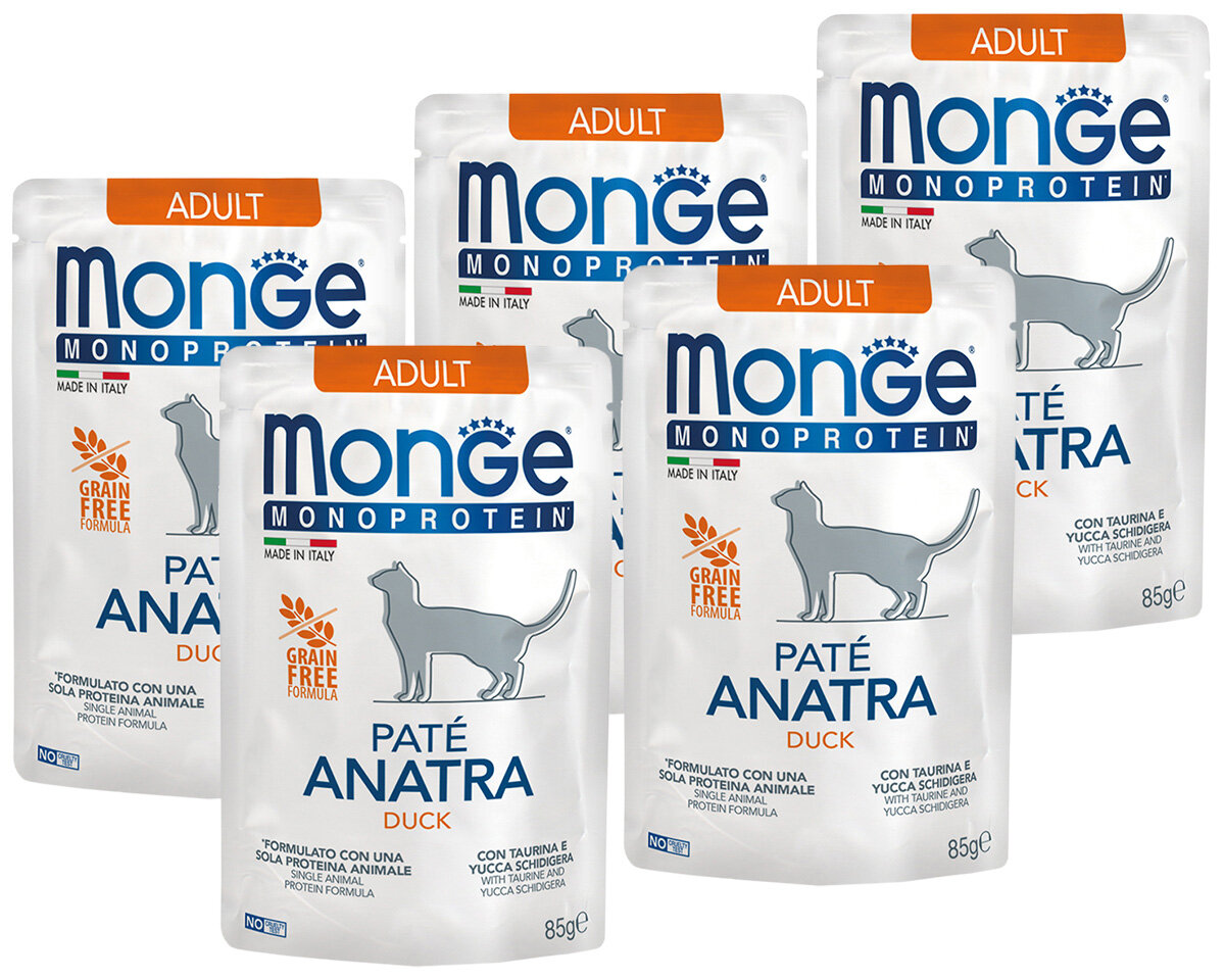 Корм влажный Monge Monoprotein Cat монобелковые для взрослых кошек с уткой пауч, 85 г 5 шт