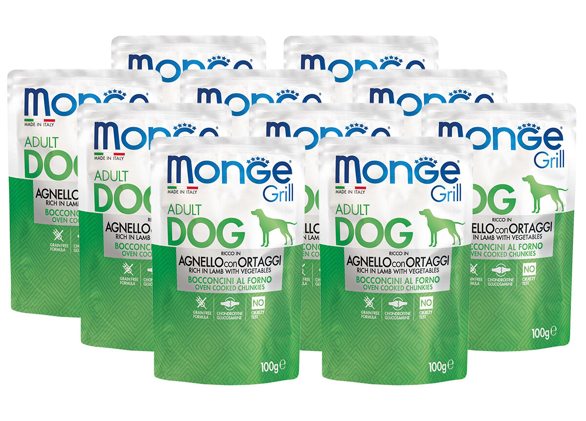 Корм влажный Monge Grill Pouch Dog для взрослых собак с ягненком и овощами пауч, 100 г 10 шт