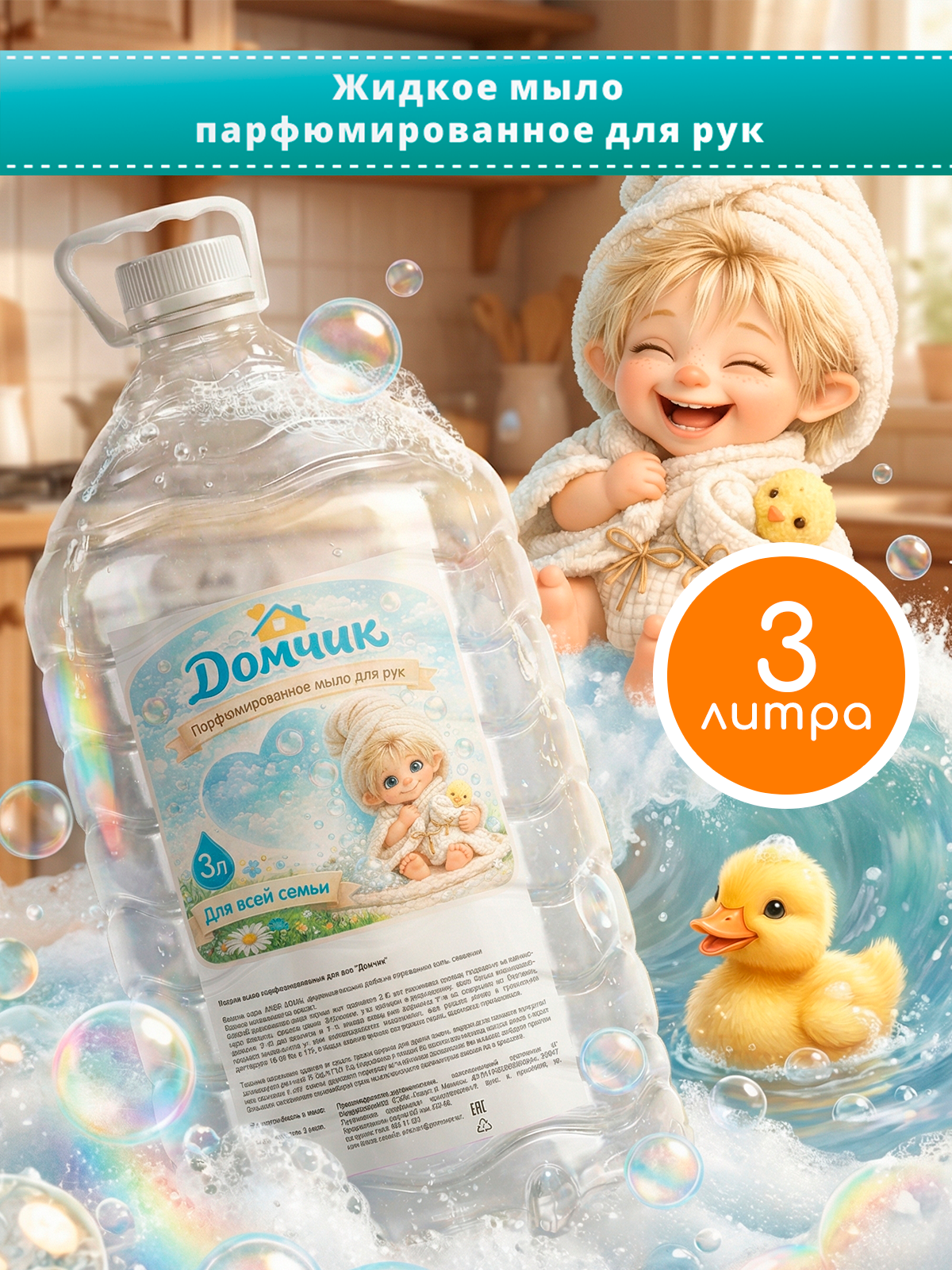Жидкое мыло парфюмированное универсальное Домчик, бутылка 3 литра