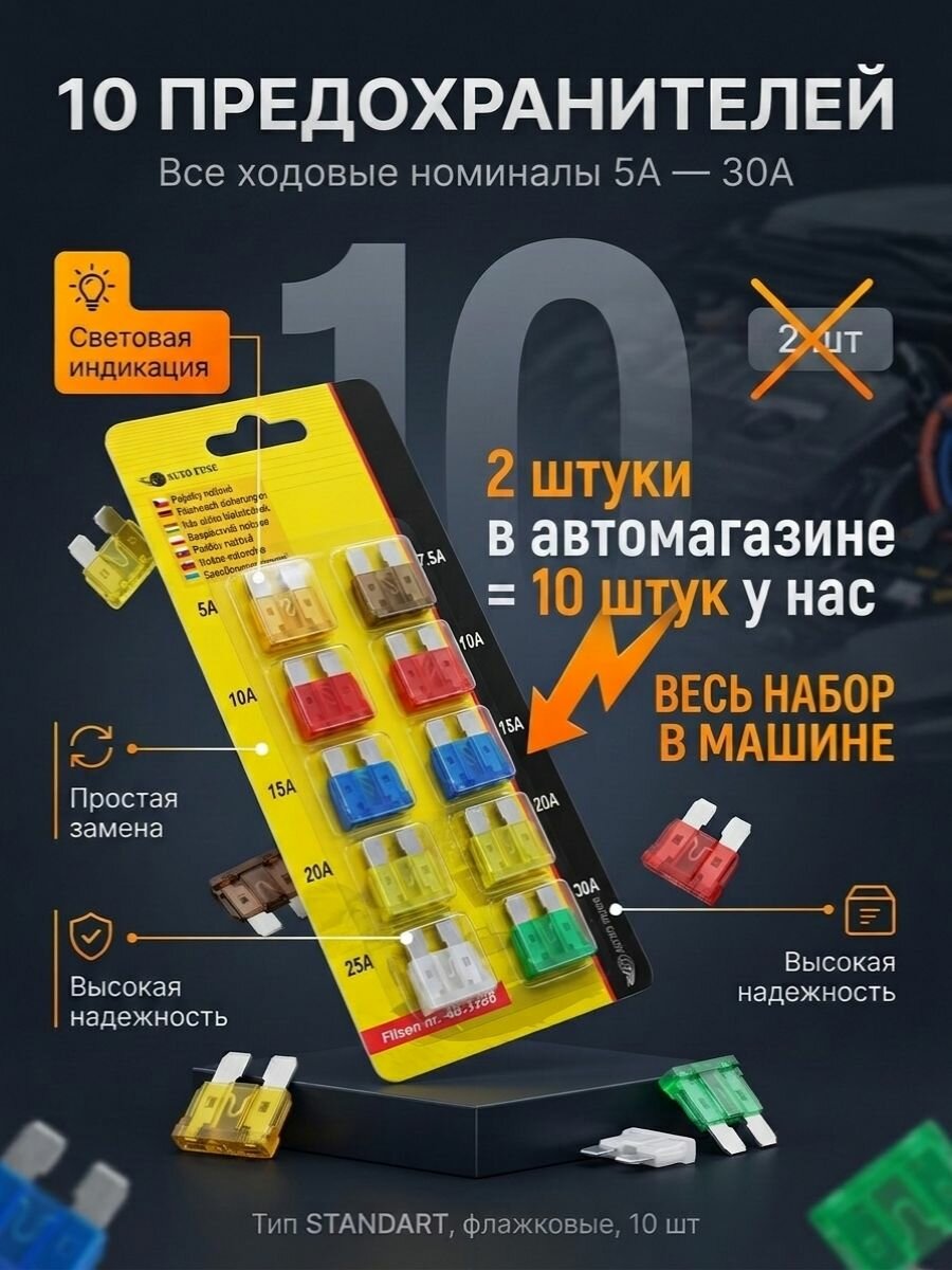 Набор автомобильных предохранителей STANDART 5А - 30А, 10 шт, флажковые, размер стандарт