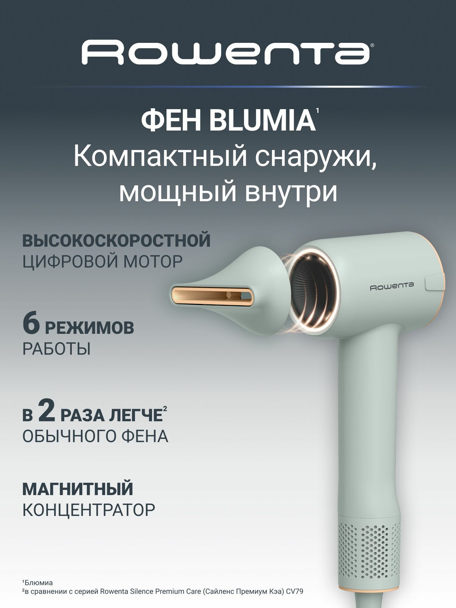 Фен Rowenta Blumia HY5N12E0, 1300 Вт, бесщеточный высокоскоростной мотор, быстрая сушка, легкий вес, ионизация